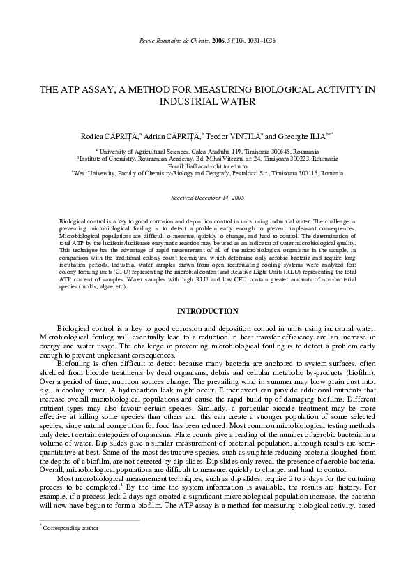 (PDF) The Atp Assay, a Method for Measuring Biological Activity in ...