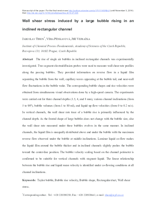 (PDF) Wall shear stress induced by a large bubble rising in an inclined ...