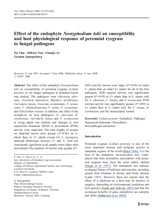 (PDF) Effect of the endophyte Neotyphodium lolii on susceptibility and ...