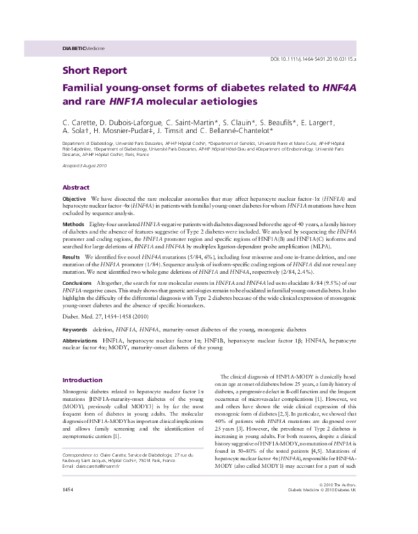 (PDF) Familial young-onset forms of diabetes related to HNF4A and rare ...