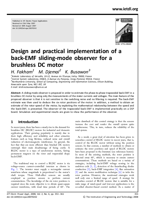 (PDF) Design and practical implementation of a back-EMF sliding-mode observer for a brushless DC ...