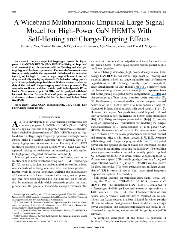 (PDF) A Wideband Multiharmonic Empirical Large-Signal Model for High-Power GaN HEMTs With Self ...