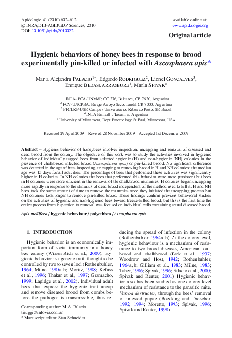 (PDF) Hygienic behaviors of honey bees in response to brood ...