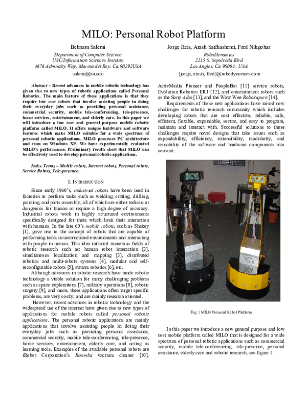 (PDF) MILO: personal robot platform | Behnam Salemi and F. Nikgohar ...