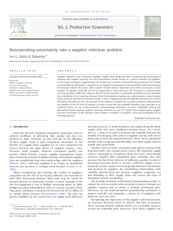 (PDF) Incorporating uncertainty into a supplier selection problem