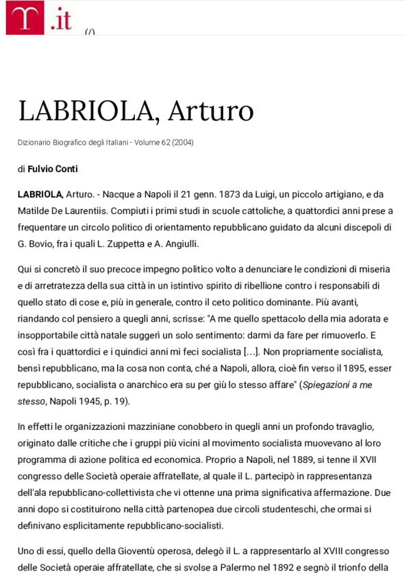 (PDF) LABRIOLA, Arturo, in Dizionario biografico degli italiani, Roma ...