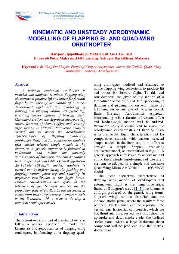 (PDF) Kinematic and Unsteady Aerodynamic Modelling of Flapping Bi- and Quad-Wing Ornithopter