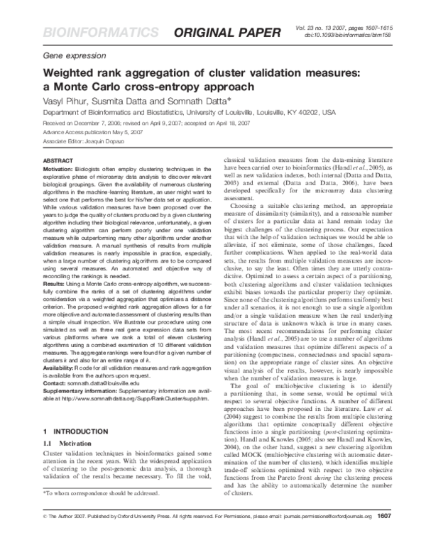 Pdf Weighted Rank Aggregation Of Cluster Validation Measures A Monte Carlo Cross Entropy Approach