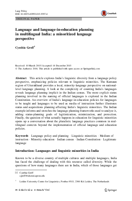 (PDF) Language and language-in-education planning in multilingual India: a minoritized language ...