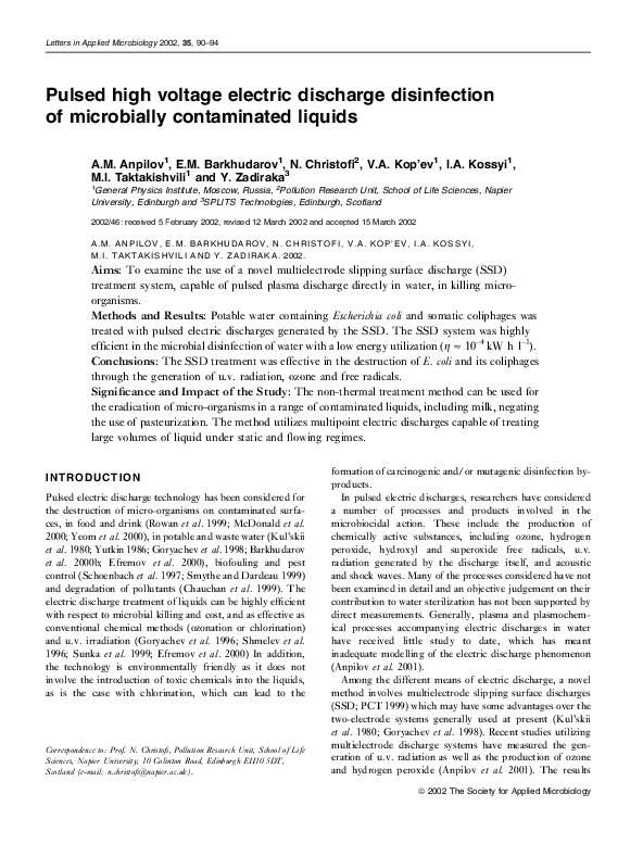(PDF) Pulsed high voltage electric discharge disinfection of ...