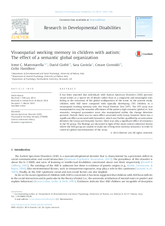 (PDF) Visuospatial working memory in children with autism: The effect of a semantic global ...