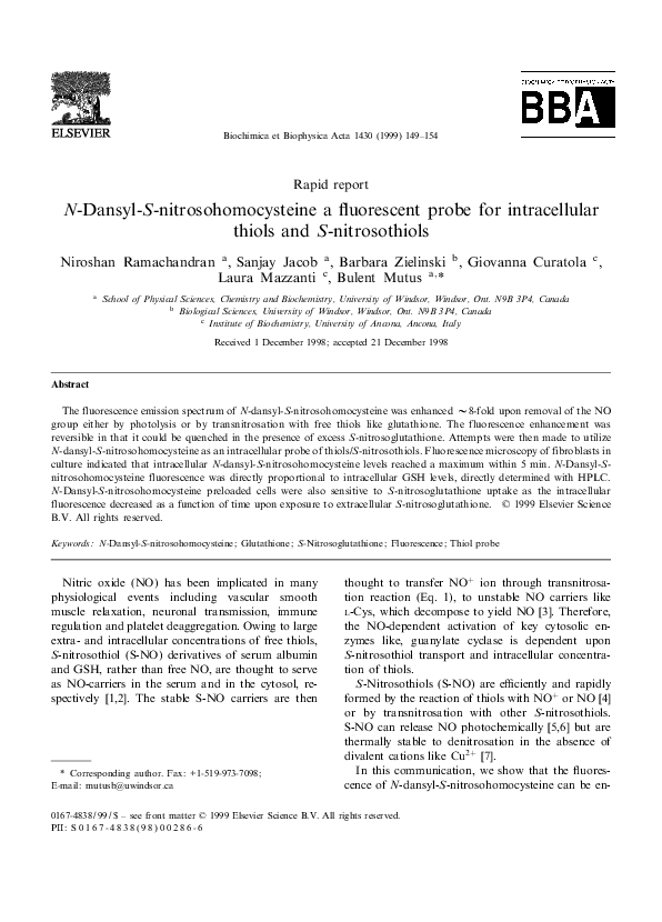 (PDF) N-Dansyl-S-nitrosohomocysteine a fluorescent probe for ...