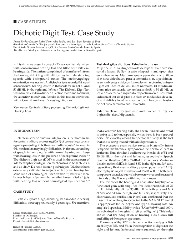 (PDF) Dichotic Digit Test. Case Study