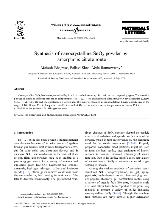 (PDF) Synthesis of nanocrystalline SnO2 powder by amorphous citrate route