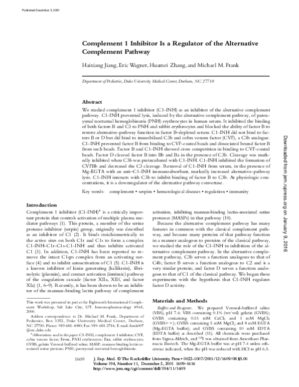 (PDF) Complement 1 Inhibitor Is a Regulator of the Alternative Complement Pathway