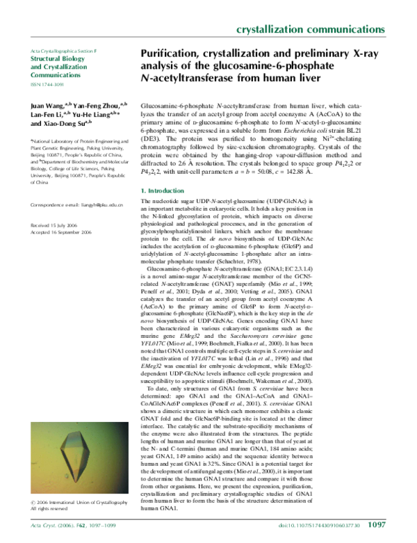 (PDF) Purification, crystallization and preliminary X-ray diffraction analysis of the ...
