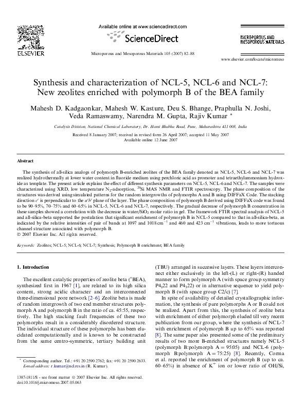 (PDF) Synthesis and characterization of NCL-5, NCL-6 and NCL-7: New ...