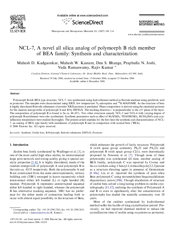 (PDF) NCL-7, A novel all silica analog of polymorph B rich member of ...