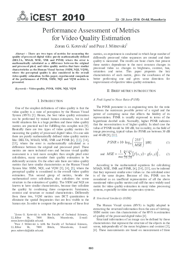 (PDF) Performance Assessment of Metrics for Video Quality Estimation