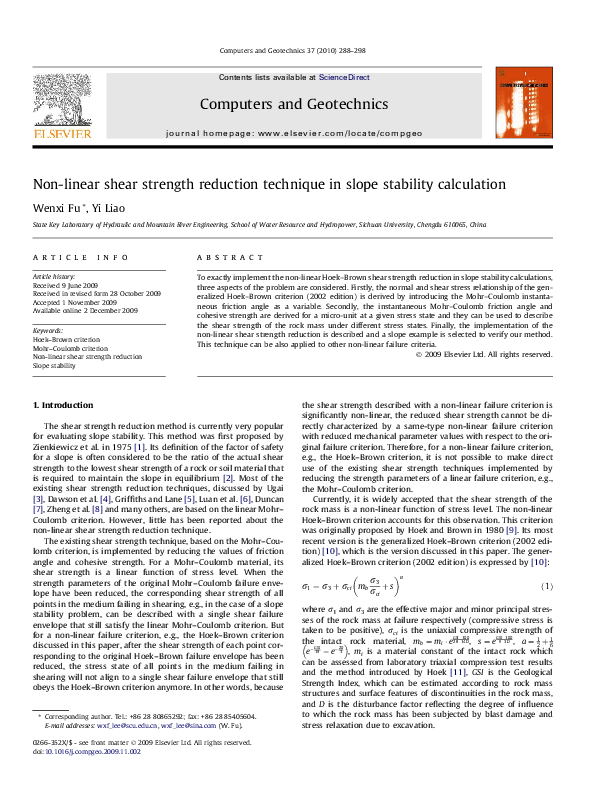 (PDF) Non-linear shear strength reduction technique in slope stability calculation