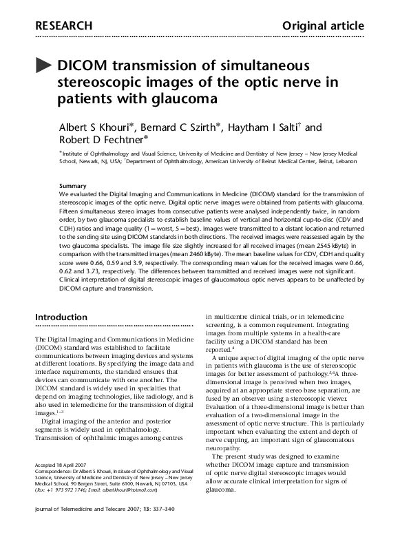 (PDF) DICOM transmission of simultaneous stereoscopic images of the ...