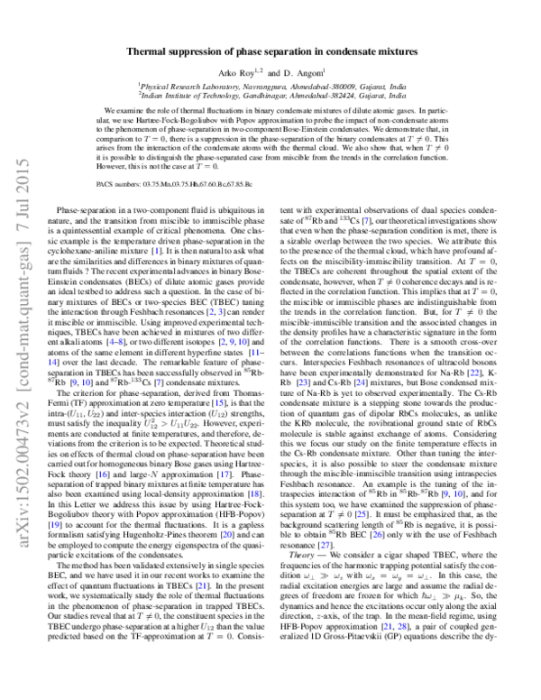 (PDF) Thermal suppression of phase separation in condensate mixtures