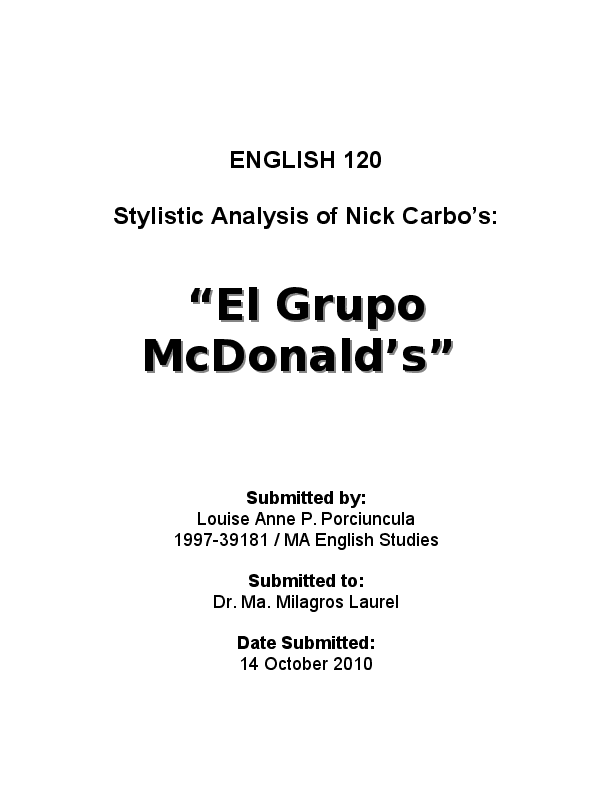 (DOC) Analysis of Nick Carbo's Poem "El Grupo McDonald's"