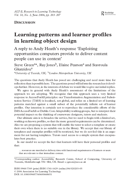 (PDF) Learning patterns and learner profiles in learning object design