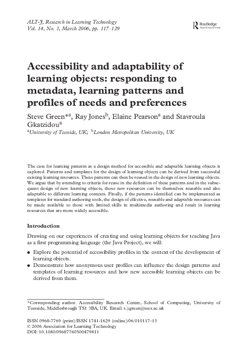 (PDF) Accessibility and adaptability of learning objects: responding to metadata, learning ...