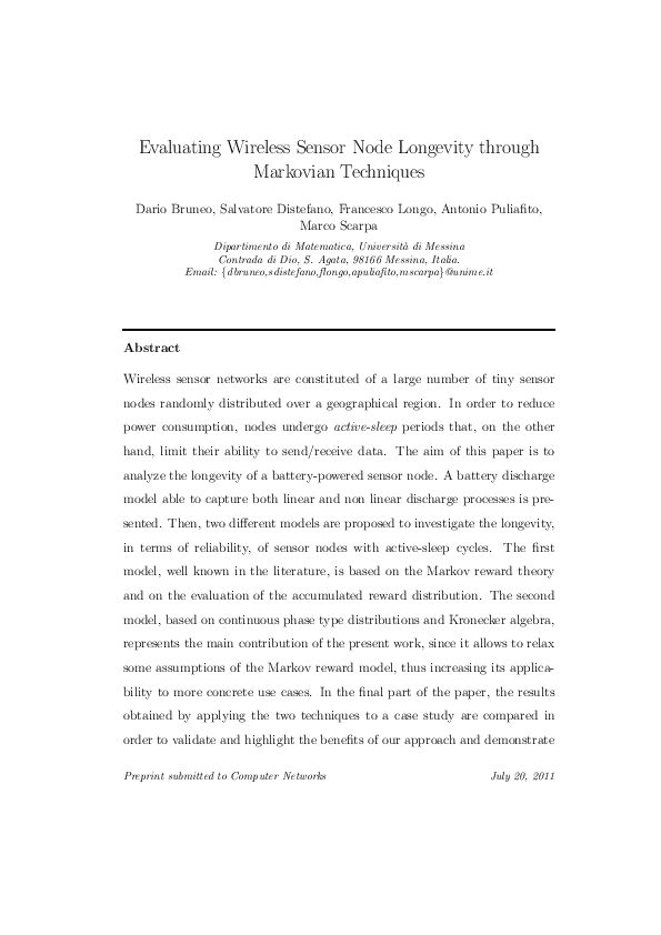 (PDF) Evaluating wireless sensor node longevity through Markovian techniques