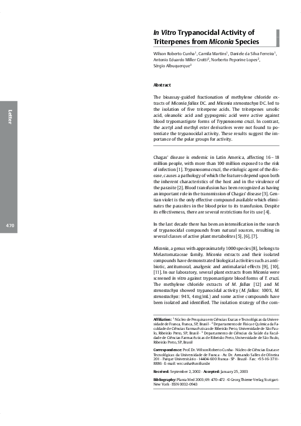 (PDF) In Vitro Trypanocidal Activity of Triterpenes from Miconia Species