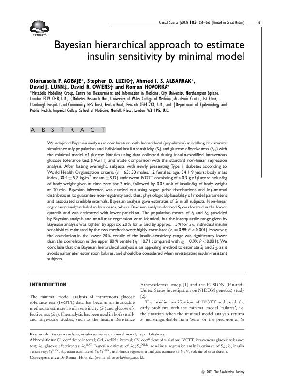 (PDF) Bayesian hierarchical approach to estimate insulin sensitivity by minimal model