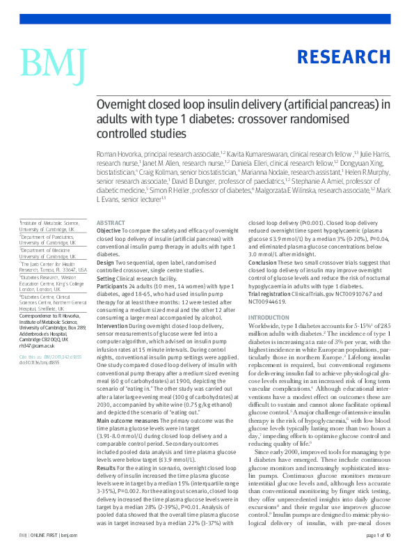 (PDF) Overnight closed loop insulin delivery (artificial pancreas) in ...