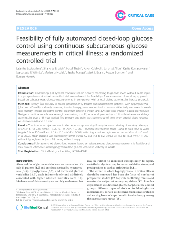 Pdf Feasibility Of Fully Automated Closed Loop Glucose Control Using Continuous Subcutaneous