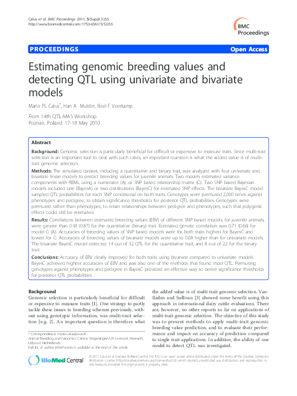 Pdf Estimating Genomic Breeding Values And Detecting Qtl Using Univariate And Bivariate Models