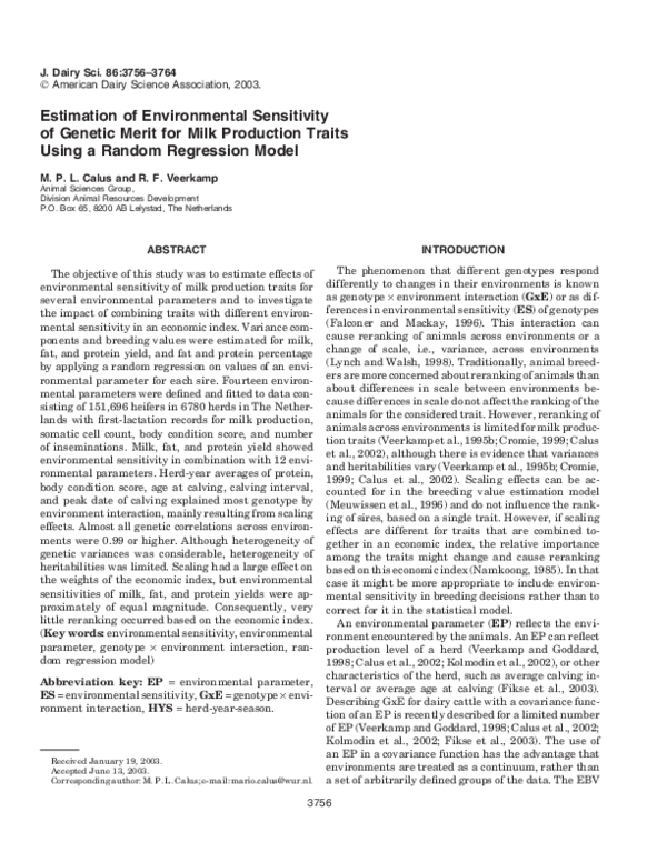 (PDF) Estimation of environmental sensitivity of genetic merit for milk production traits using ...