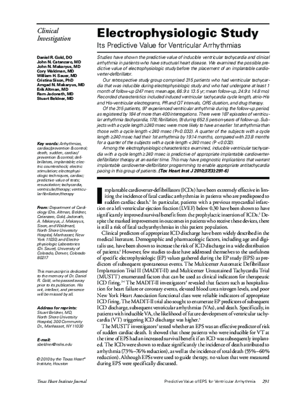 (PDF) Electrophysiologic study: its predictive value for ventricular arrhythmias