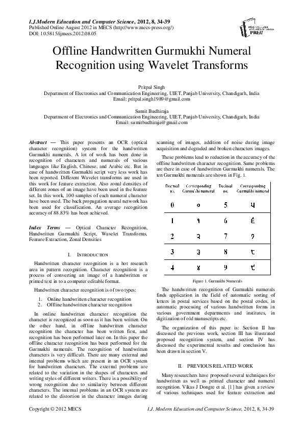 Pdf Offline Handwritten Gurmukhi Numeral Recognition Using Wavelet Transforms