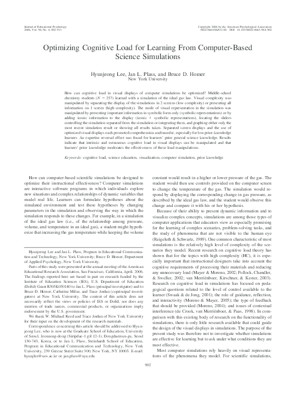 (PDF) Optimizing Cognitive Load in Simulations for Science Education | Bruce Homer, Jan L Plass ...