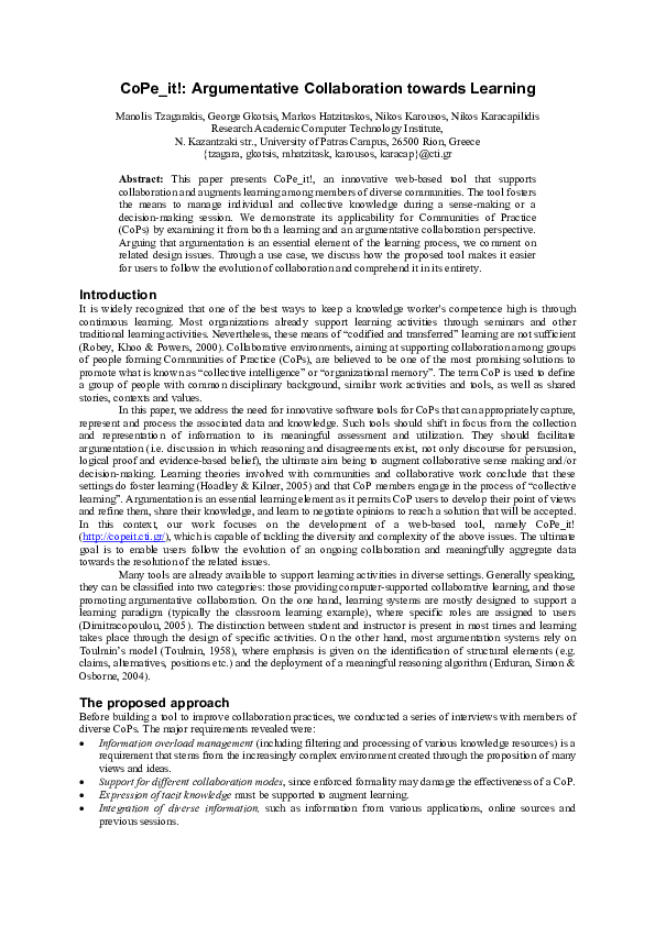 (PDF) CoPe_it!: argumentative collaboration towards learning | Manolis Tzagarakis - Academia.edu