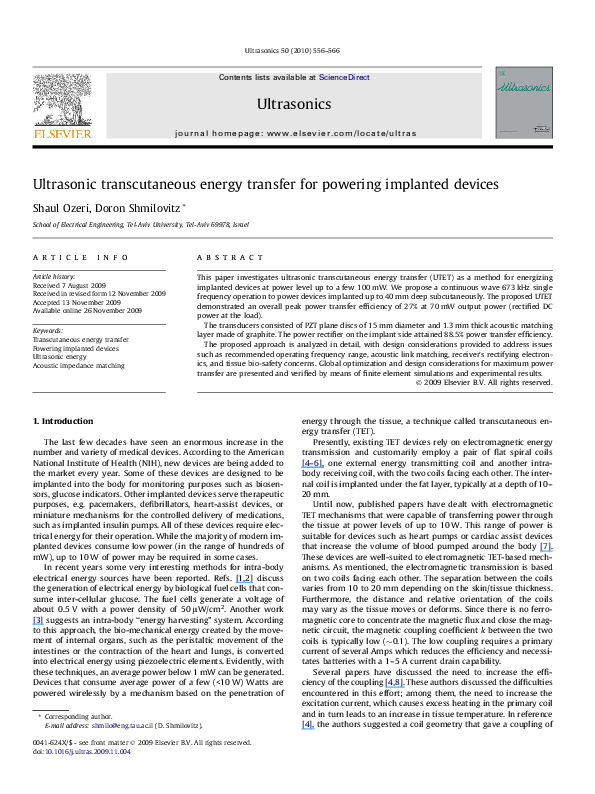 (PDF) Ultrasonic transcutaneous energy transfer for powering implanted ...