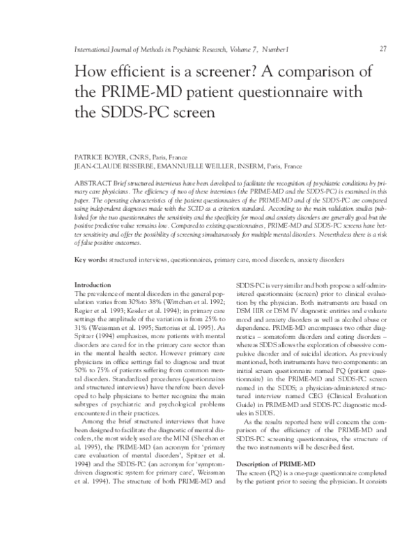 (PDF) How efficient is a screener? A comparison of the PRIME-MD patient ...