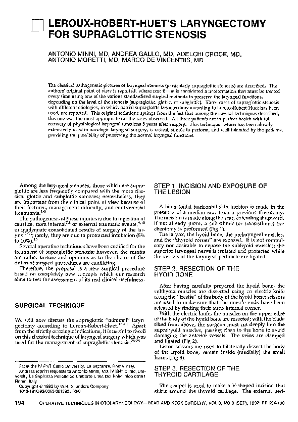 (PDF) Leroux-Robert-Huet's laryngectomy for supraglottic stenosis