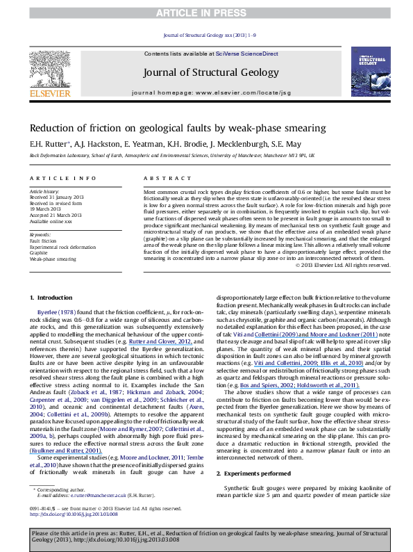 (PDF) Reduction of friction on geological faults by weak-phase smearing