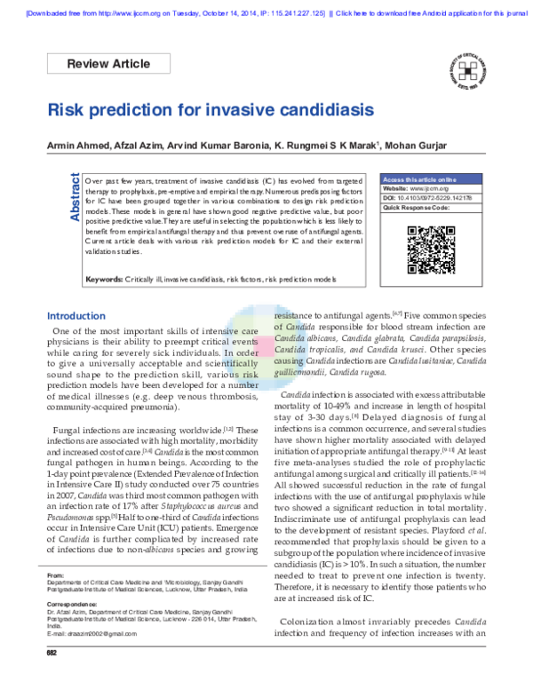 (PDF) Risk prediction for invasive candidiasis