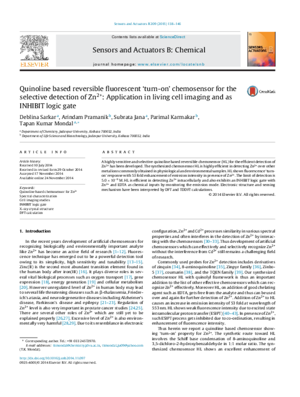 (PDF) Quinoline based reversible fluorescent ‘turn-on’ chemosensor for the selective detection ...