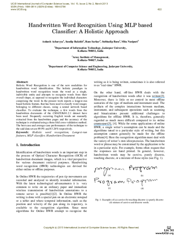 (PDF) Handwritten Word Recognition Using MLP based Classifier: A ...