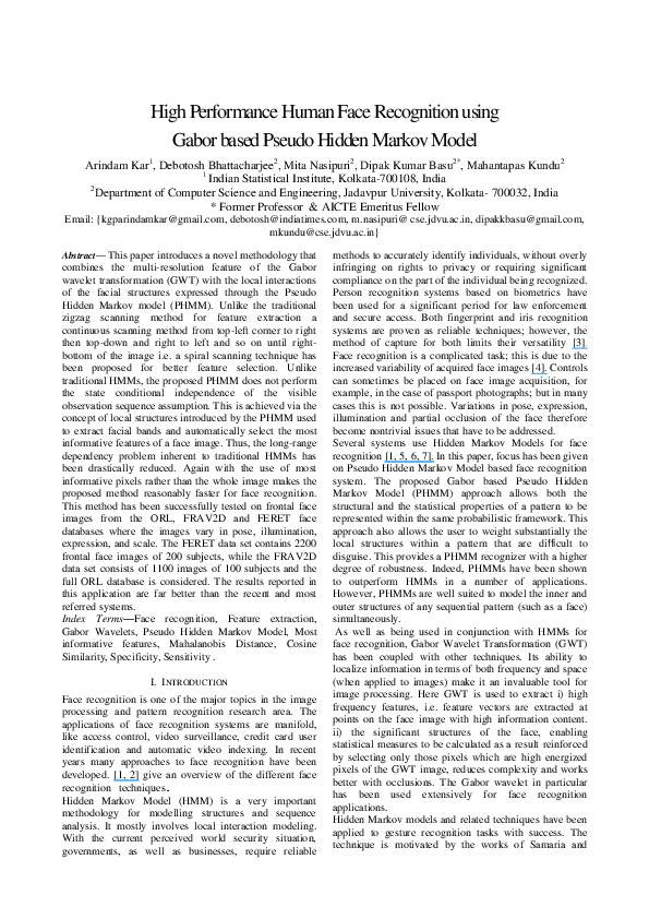 (PDF) High Performance Human Face Recognition using Gabor Based Pseudo Hidden Markov Model