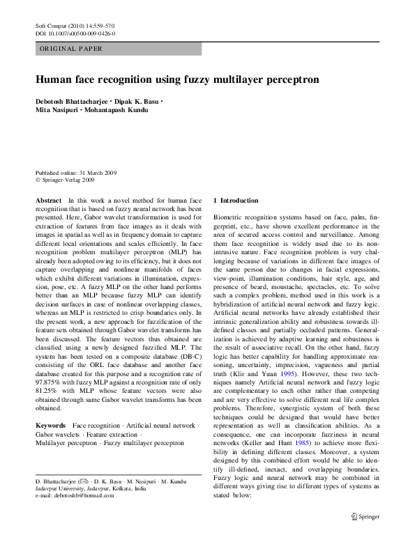 (PDF) Human face recognition using fuzzy multilayer perceptron