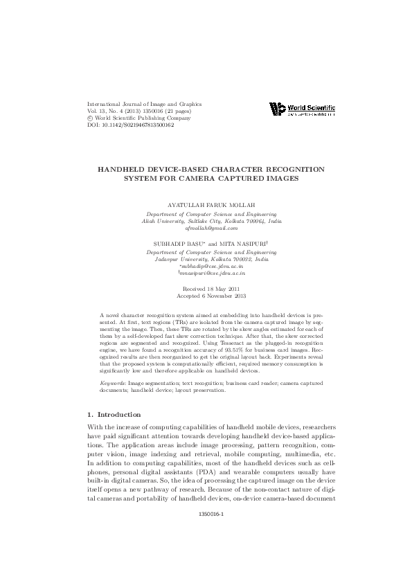 Pdf Handheld Device Based Character Recognition System For Camera Captured Images